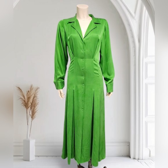 Doen | Dresses | Doen Silk Green Fit Flare Long Sleeve Long Button ...